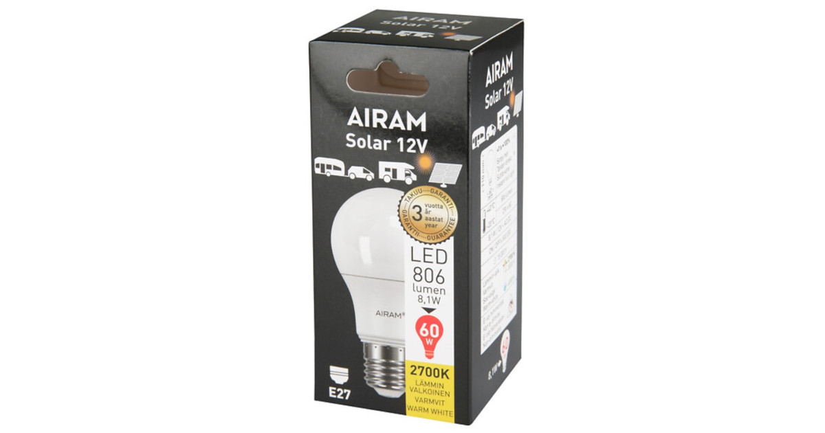 Airam Solar Vakiolamppu 12v 2700k E27 806lm