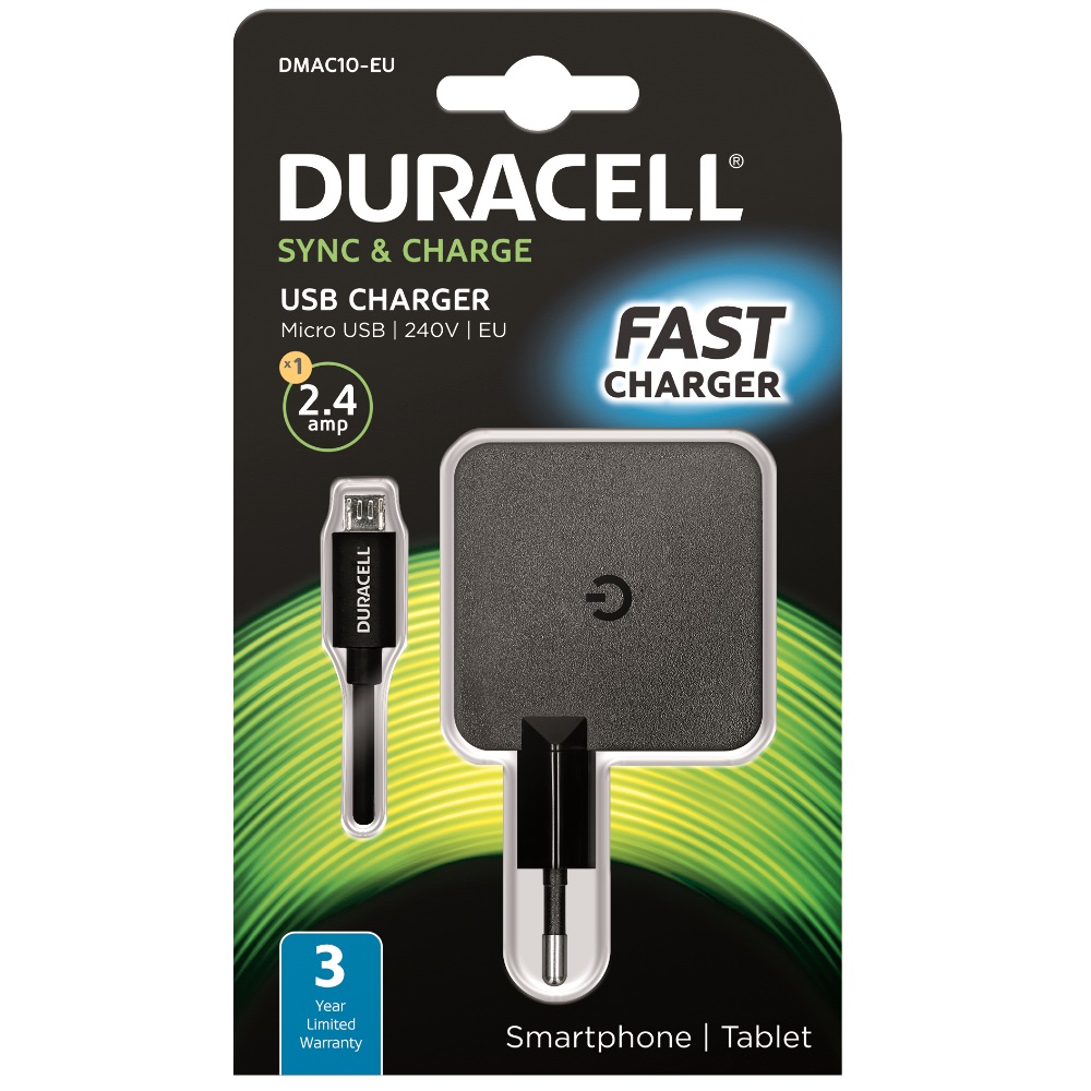 Duracell Seinälaturi 2.4a + Usb - Micro Usb Johto 1m