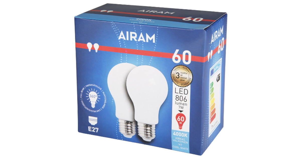 Airam Otso Vakiolamppu 4000k E27 806lm 2kpl